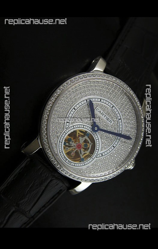 Cartier Ronde de Tourbillon Japanese Replica Diamond Watch in Black ...
