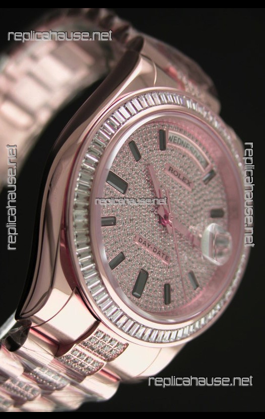 Rolex Day Date Japanese Automatic Rose Gold Watch in Diamond Bracelet ...